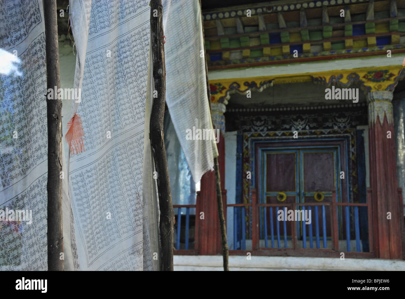 Prayer flags at small monastery, Sikkim, Himalaya, Northern India, Asia ...