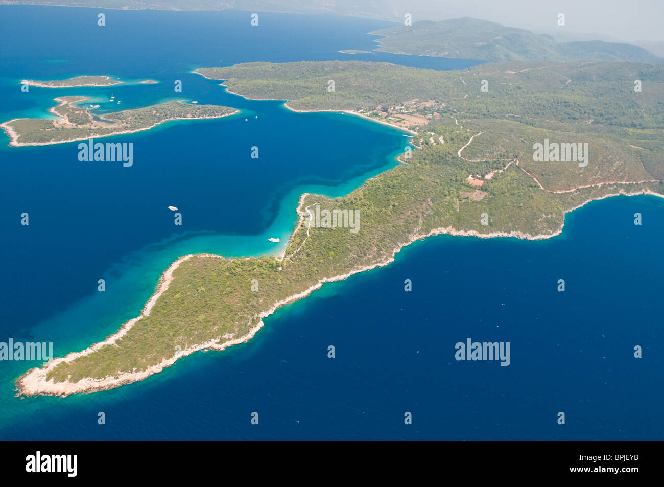 Aerial view of Boncuk Bay and Sedir Island Gokova Turkey Stock Photo ...