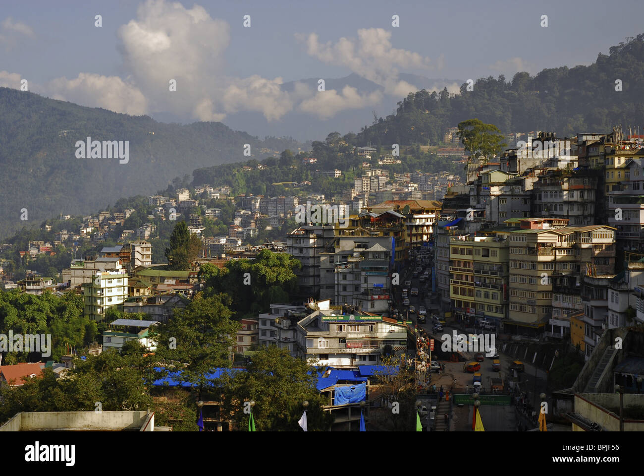 The town of Gangtok in the mountains, Sikkim, Himalaya, Northern India ...