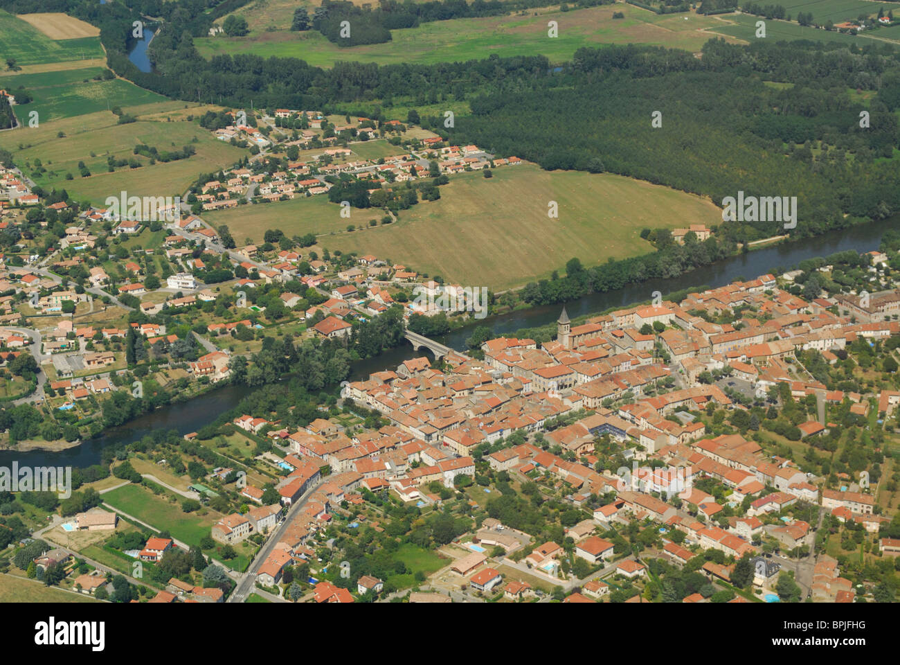 Aerial view of Varilhes village and Ariege river, south of Pamiers ...