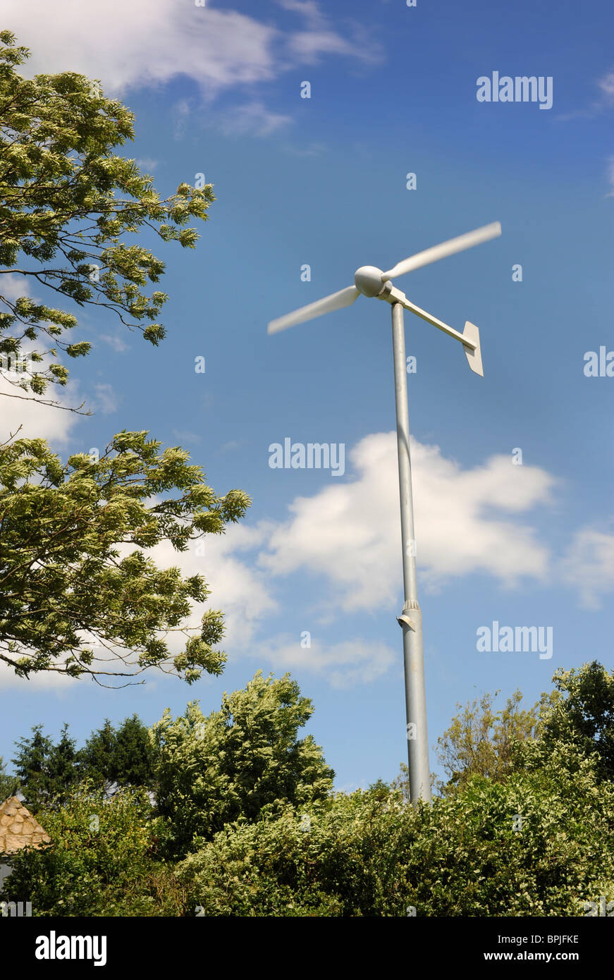 A wind turbine in the garden of a family home in Buckinghamshire UK ...