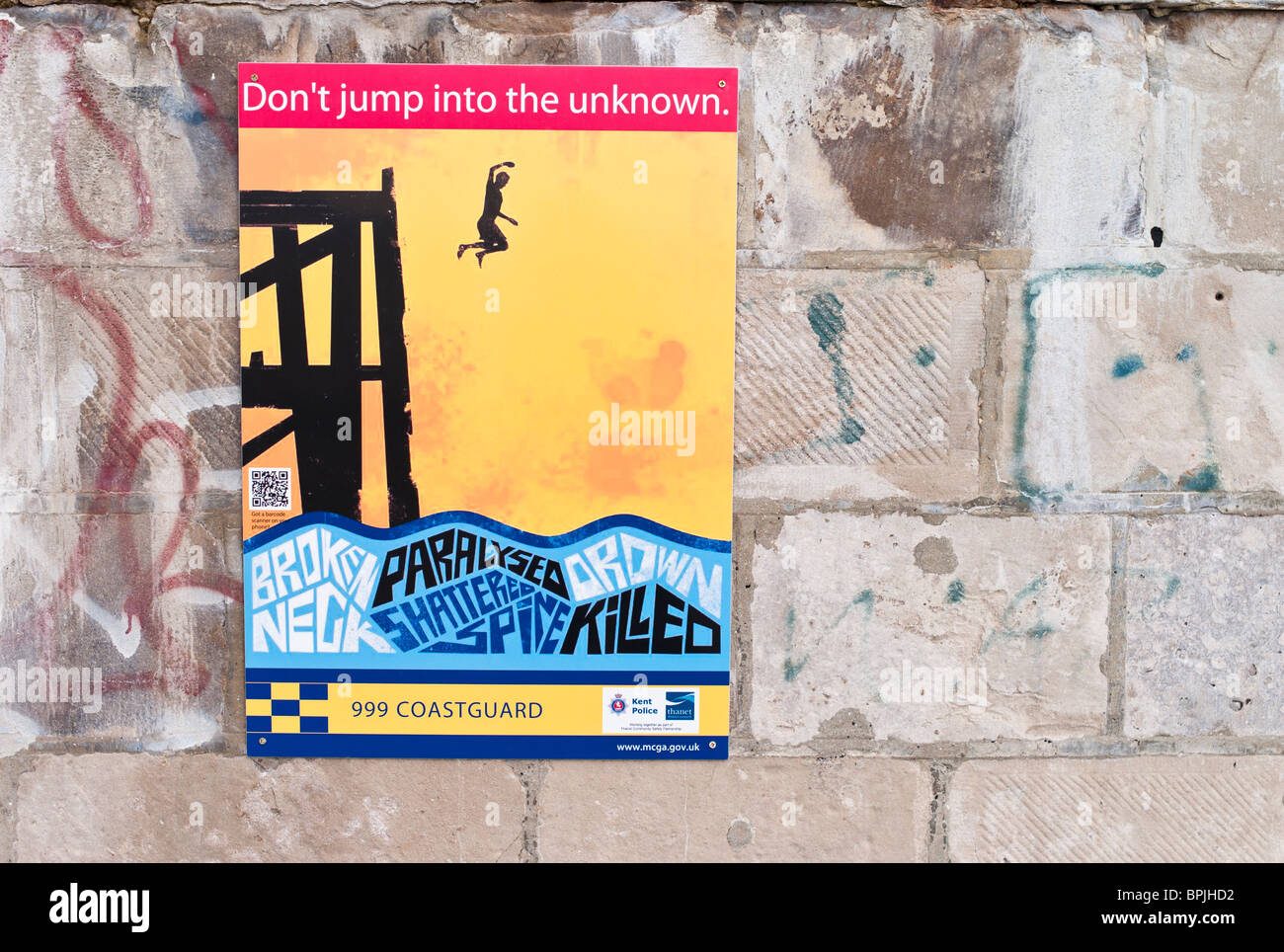 Public Warning Sign "Don't jump into the unknown Stock Photo - Alamy