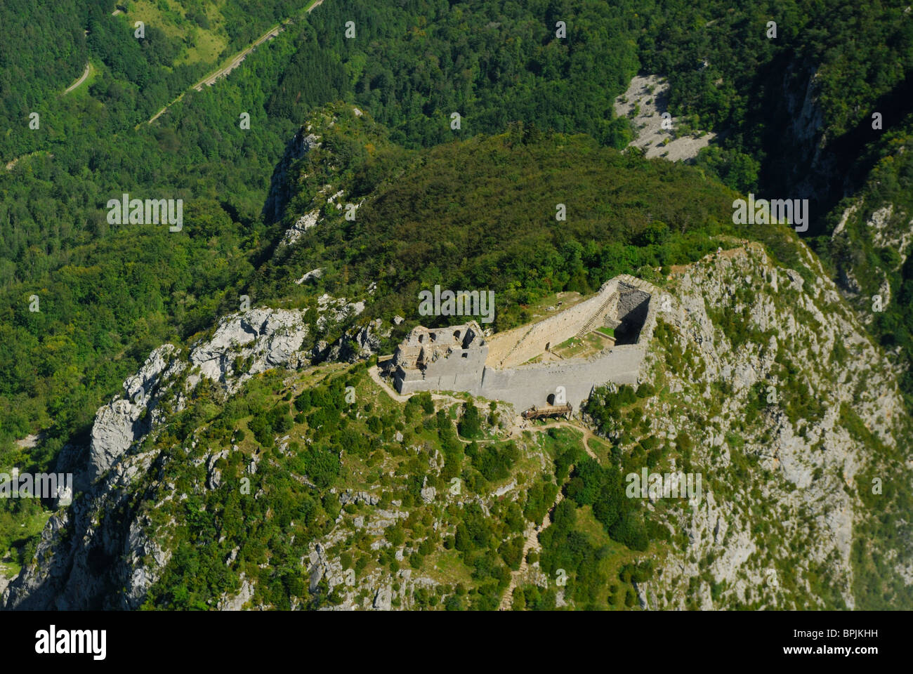 Aerial view of Montsegur castle, Ariege, Midi Pyrenees, France Stock ...