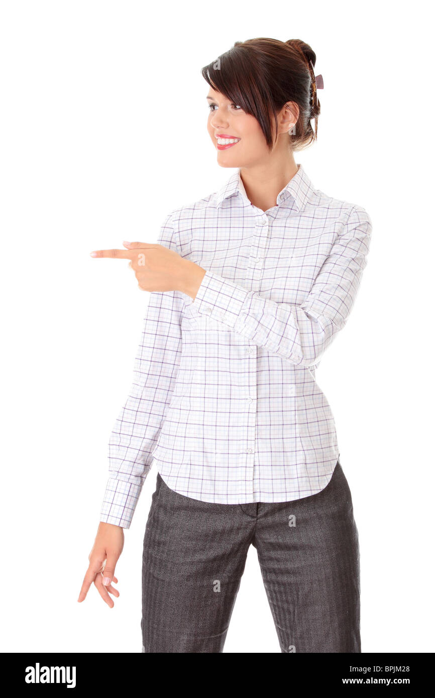 Young happy businesswoman pointing direction, isolated on white Stock ...
