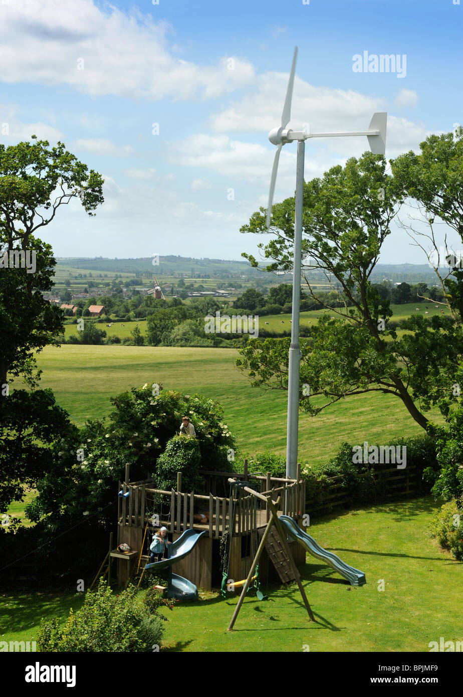 A wind turbine in the garden of a family home in Buckinghamshire UK ...