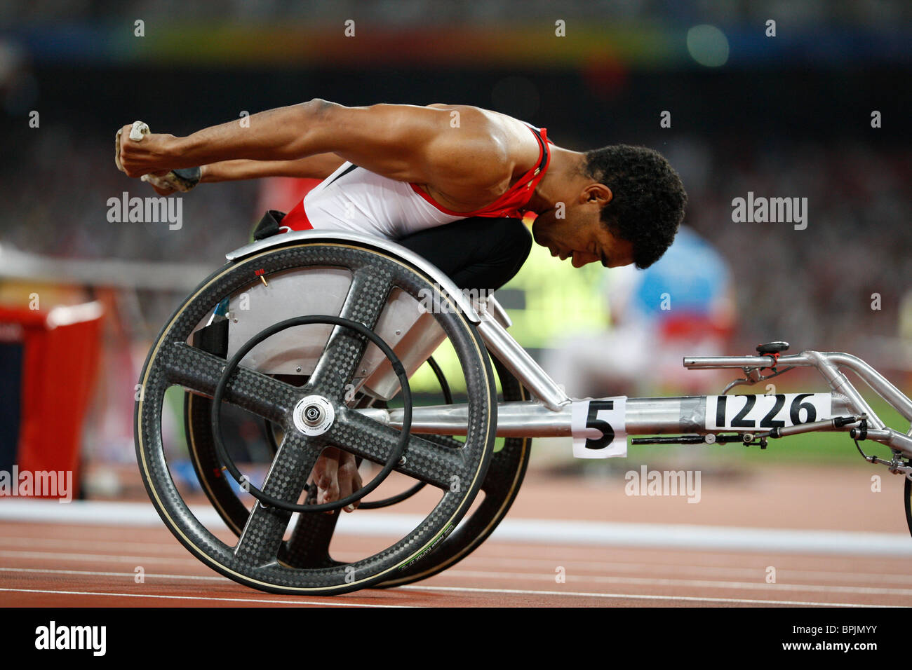 Dean Bergeron of Canada prior to the start of the T52 men's 400-meters ...