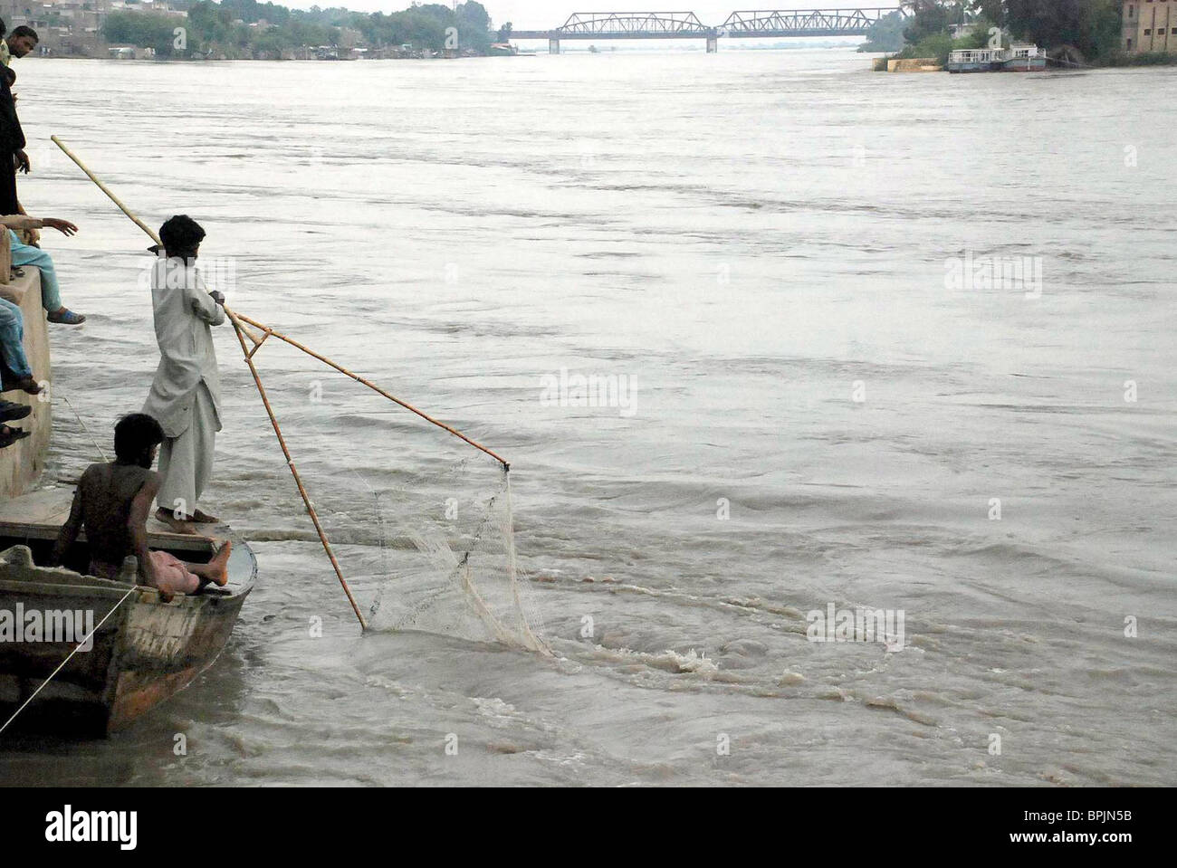 A fisher man catch fishes through net at bank of Indus River in Sukkur ...