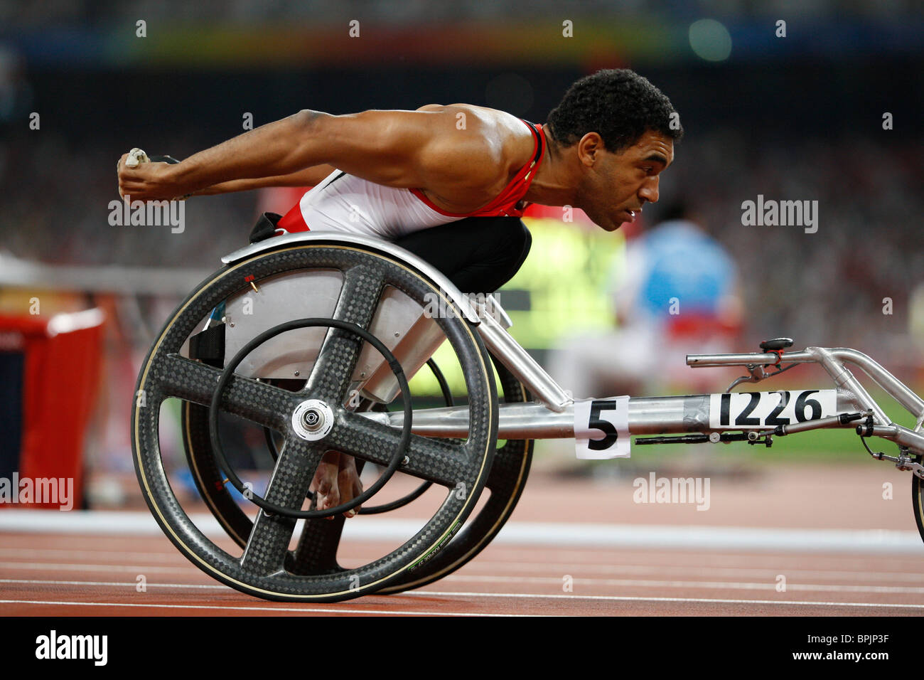 Dean Bergeron of Canada prior to the start of the T52 men's 400-meters ...
