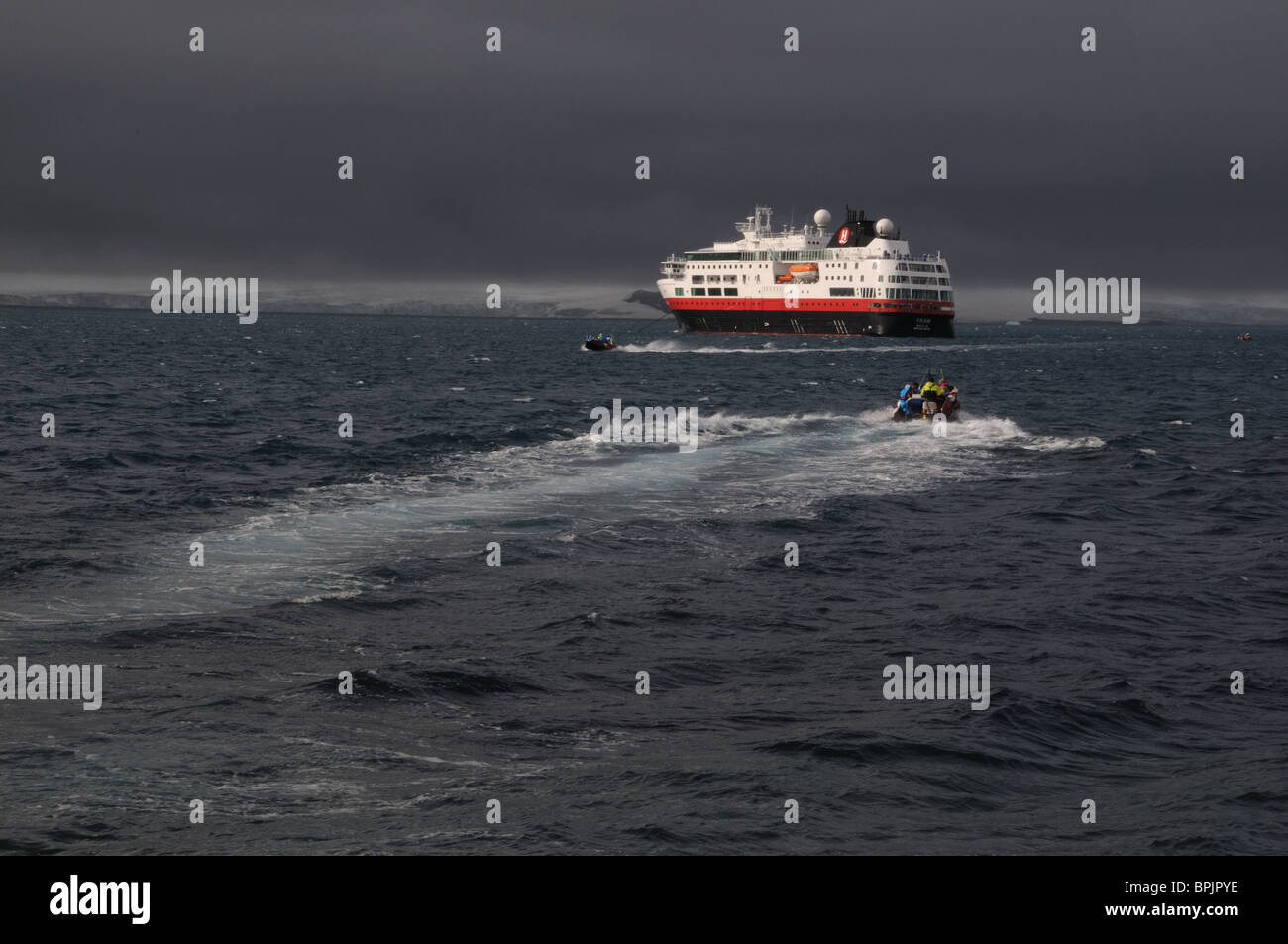 Half Moon Island, Antarctica. During landings, Polar Cirkel boats take ...