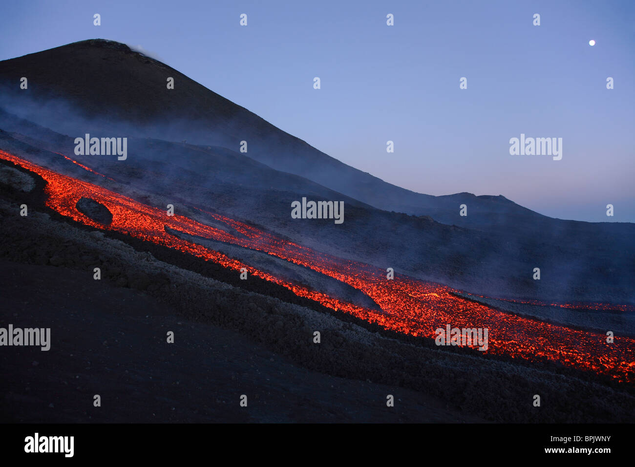 November 2, 2006 - Mount Etna lava flow in evening dawn, Sicily, Italy ...