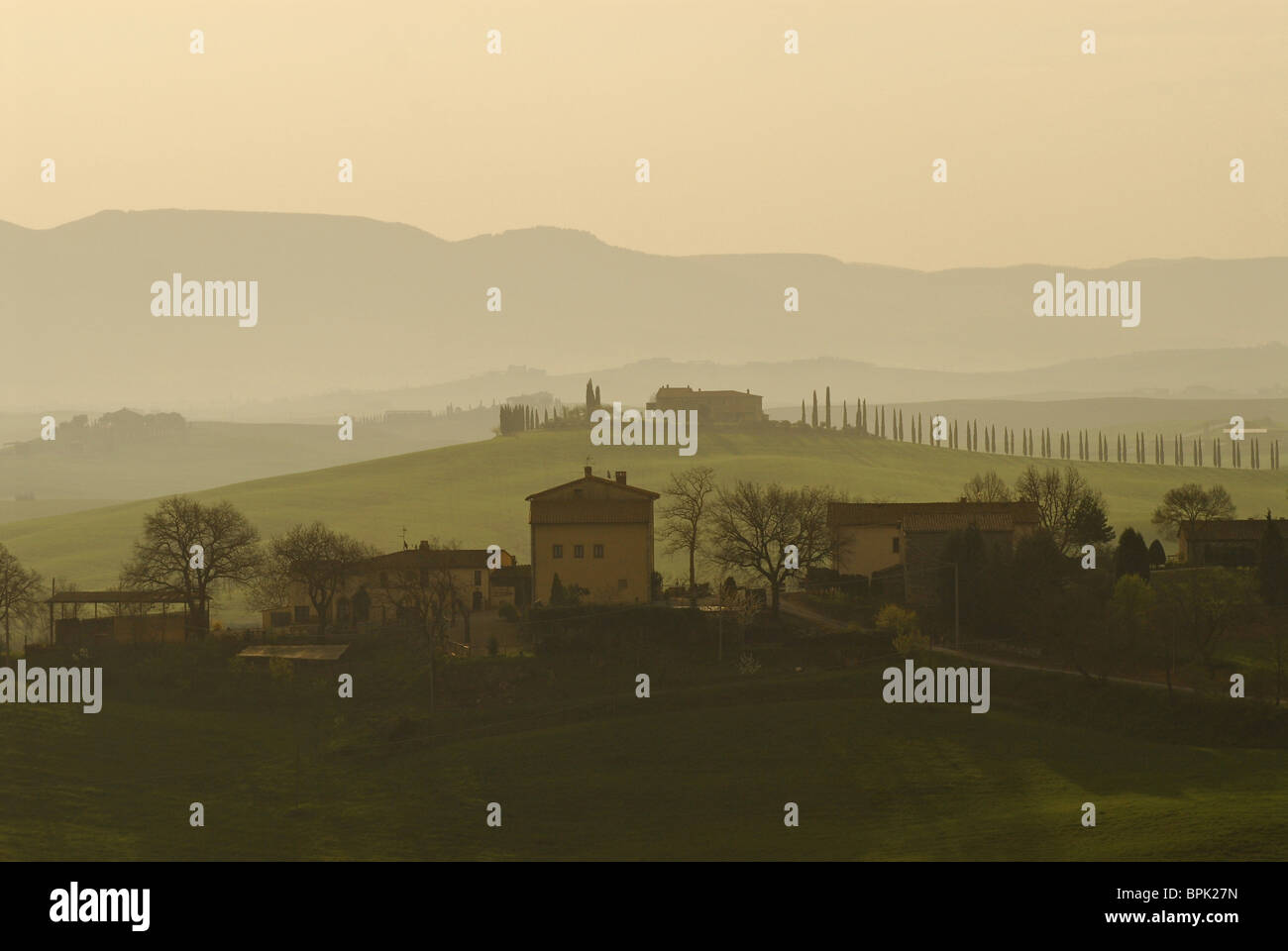 Trees and houses on rolling hills with cypresses in spring, Le Crete ...