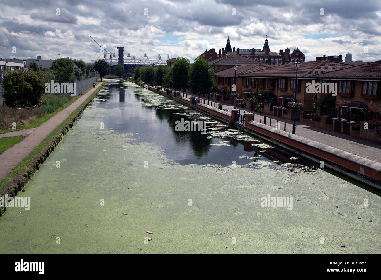 Hackney Wick in London with canal and olympic stadium in background ...