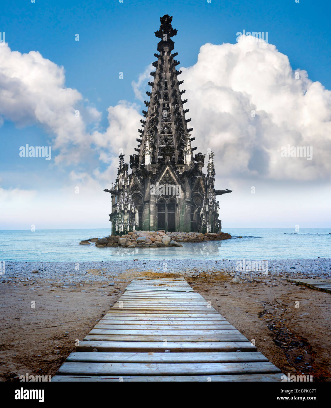 Concept for global warming. A Cathedral half sunk in a sea of water ...