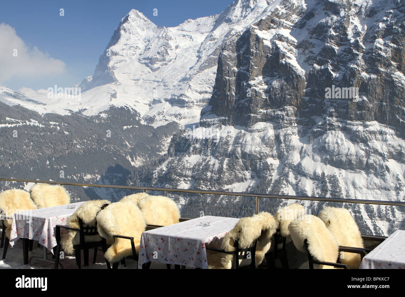 Outside restaurant tables in Murren with an Eiger view, Switzerland ...