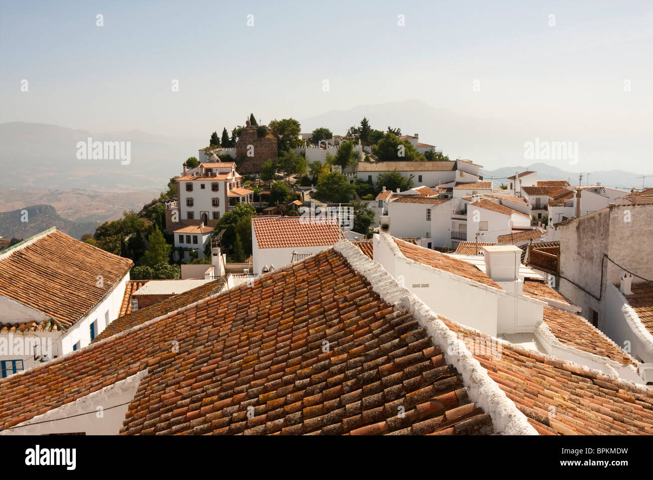 Looking across the roof tops in the small hilltop village of Comares in ...