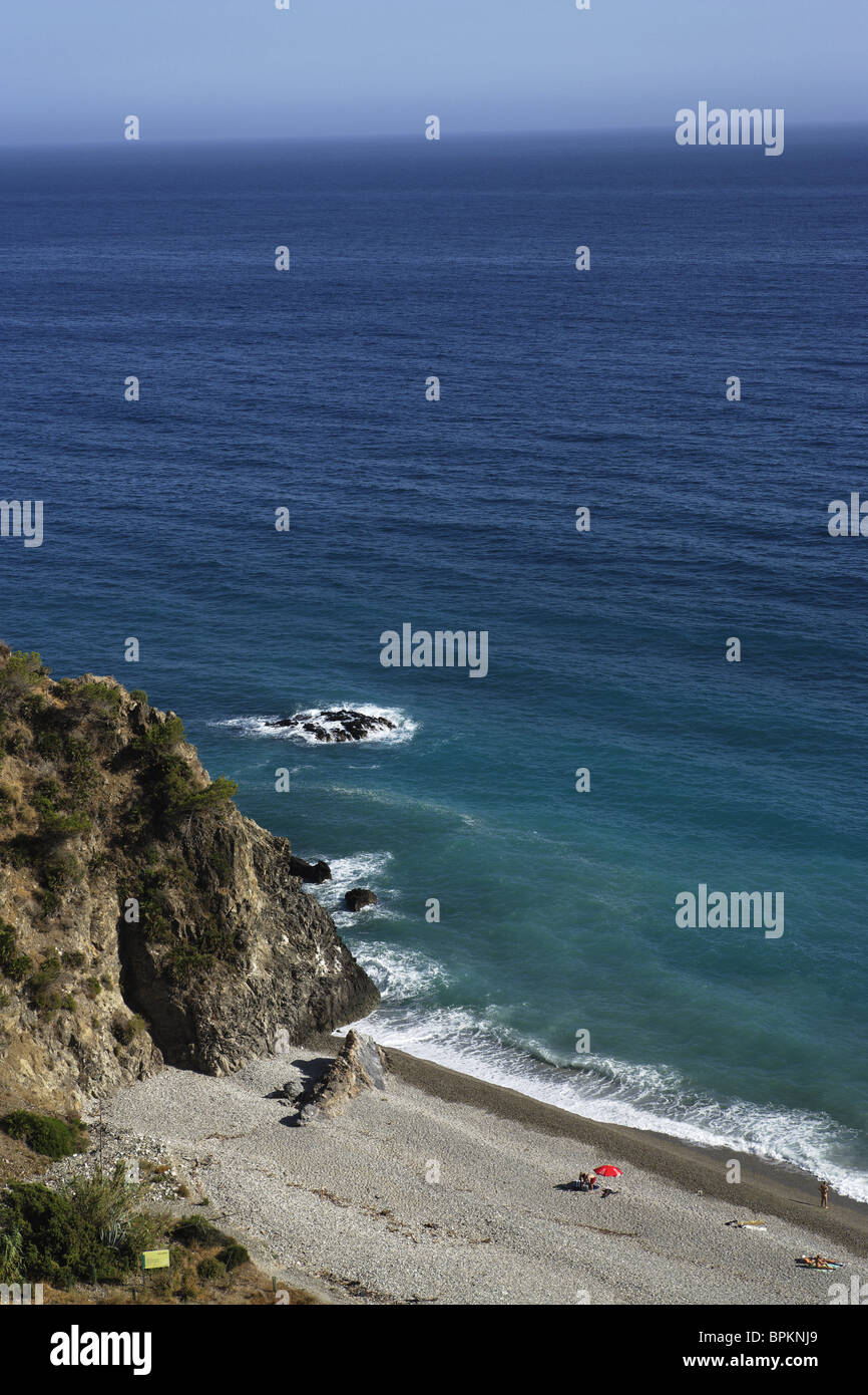 High angle view of beach Calas del Pino, Nerja, Andalusia, Spain Stock ...