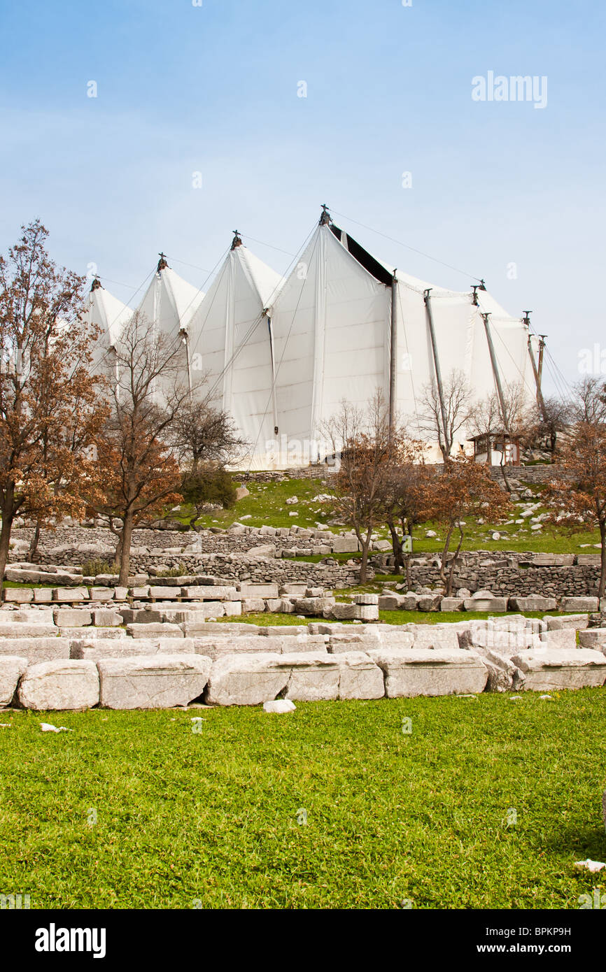 The exterior protection tent of the Apollo Temple in Greece Stock Photo ...