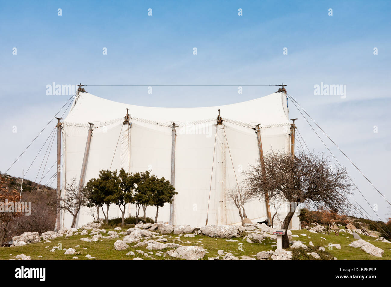 The exterior protection tent of the Apollo Temple in Greece Stock Photo ...