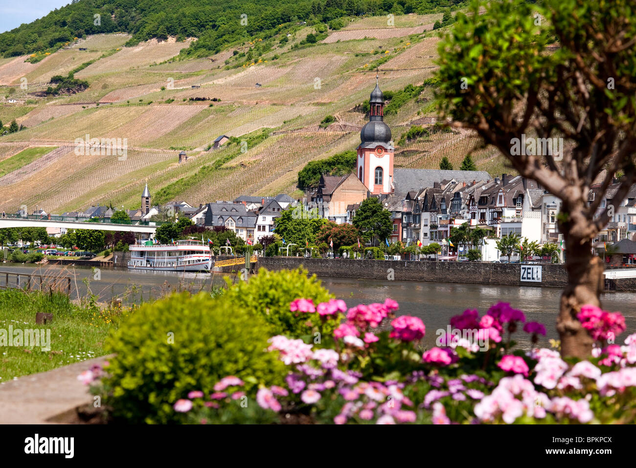 The Church in Zell with River Cruise Boat in Mosel Valley, Germany ...
