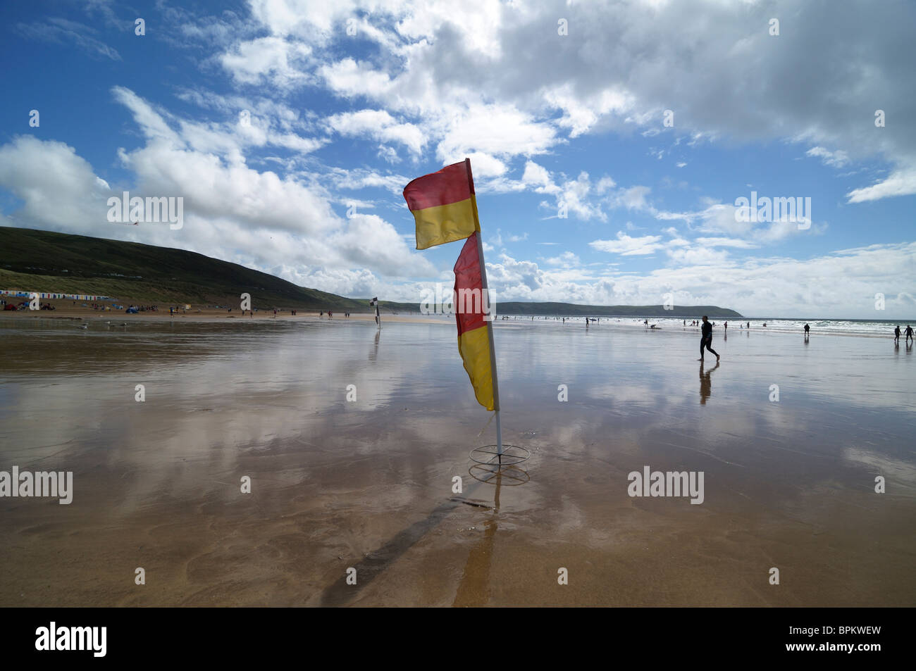 Lifeguard's safety flag on the beach at Woolacombe, Devon, UK Stock ...