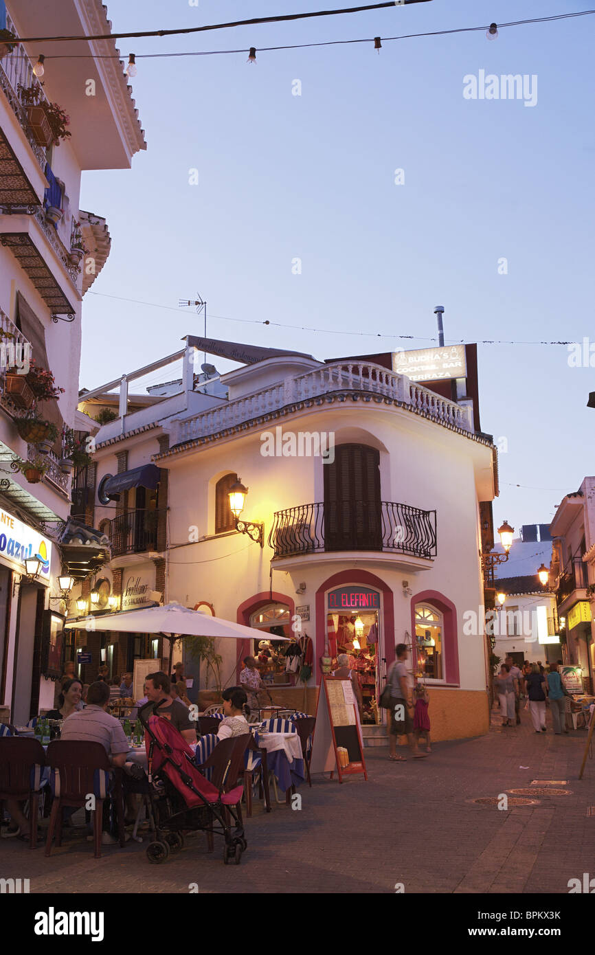 Guests in restaurants in Old Town in the evening, Nerja, Andalusia ...