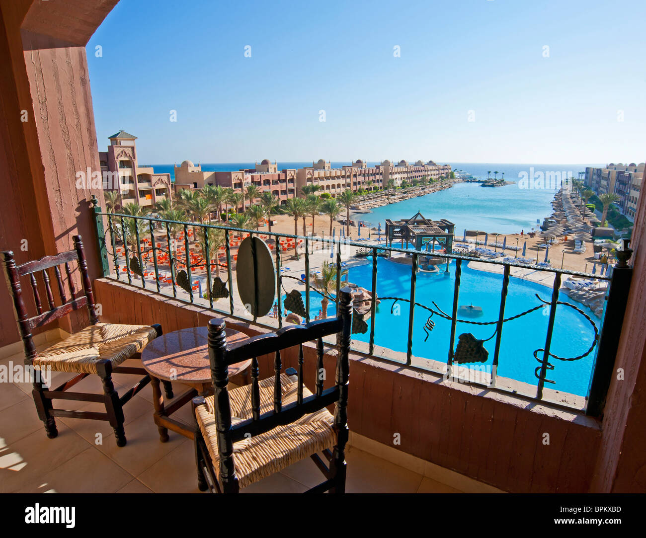 View from the balcony of a luxury hotel in a tropical resort showing ...