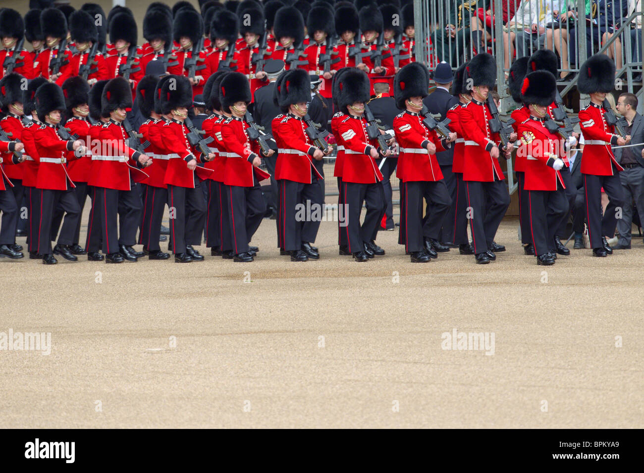 Coldstream Guards, marching from the Mall onto Horse Guards Parade ...
