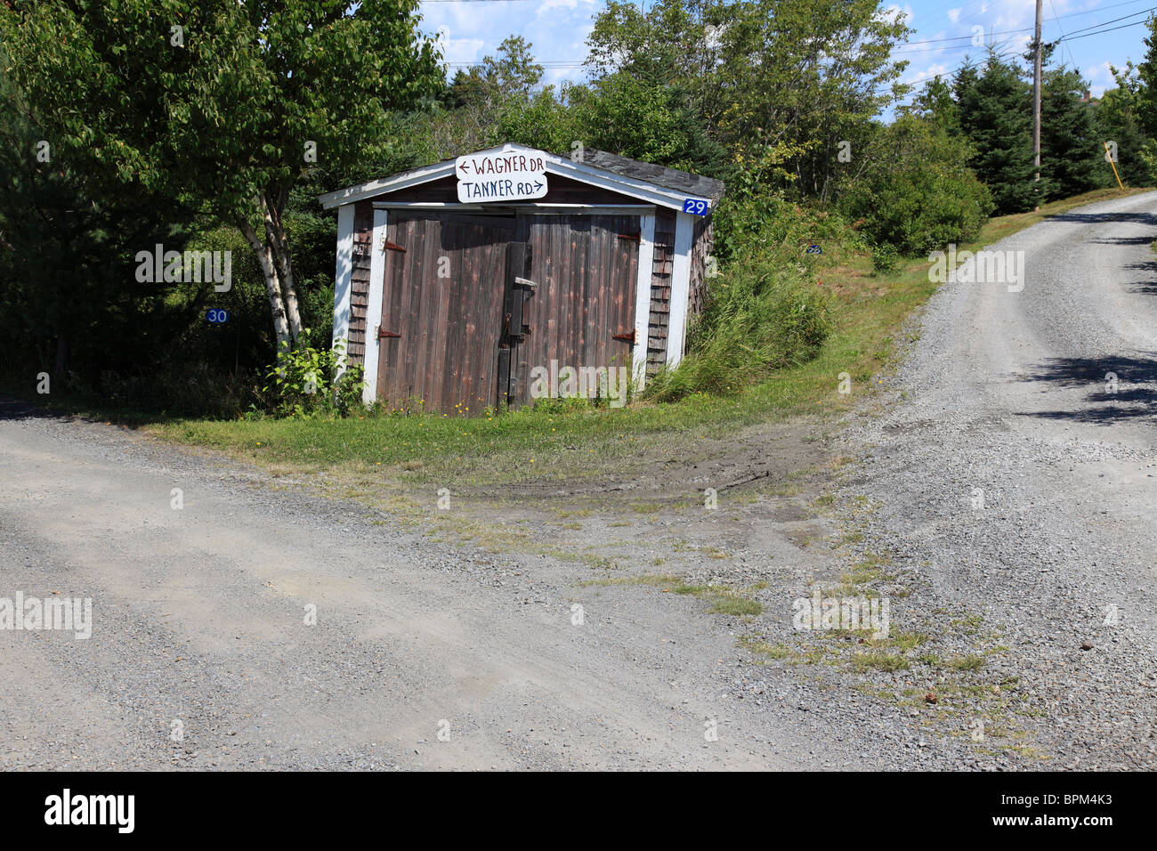 old fish shack on roadside junktion, Nova Scotia, Atlantic Canada ...