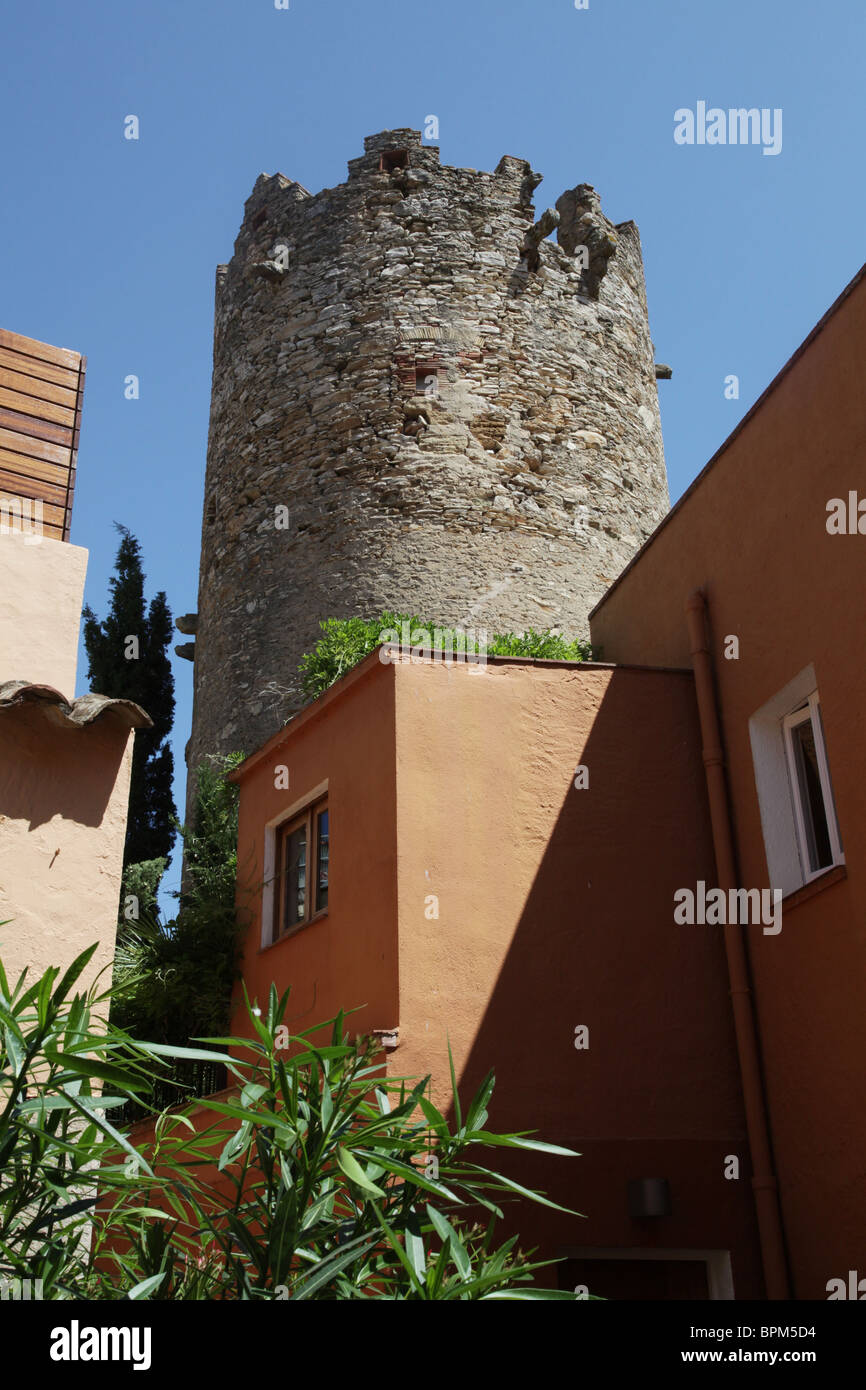 Stone turret tower in backstreets of hill fortress medieval town of ...