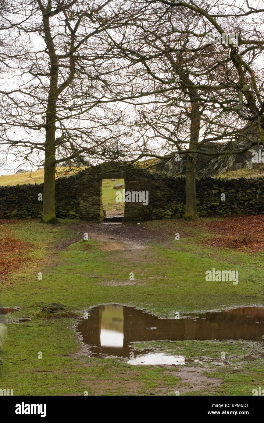 Reflection of drystone wall doorway in puddle Stock Photo - Alamy