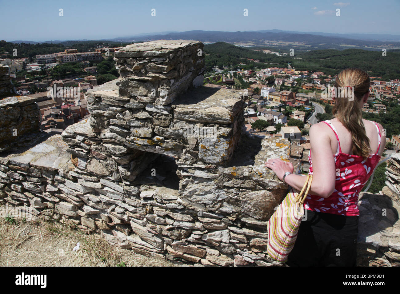 Aerial view from hill fortress of medieval town Begur near the Costa ...