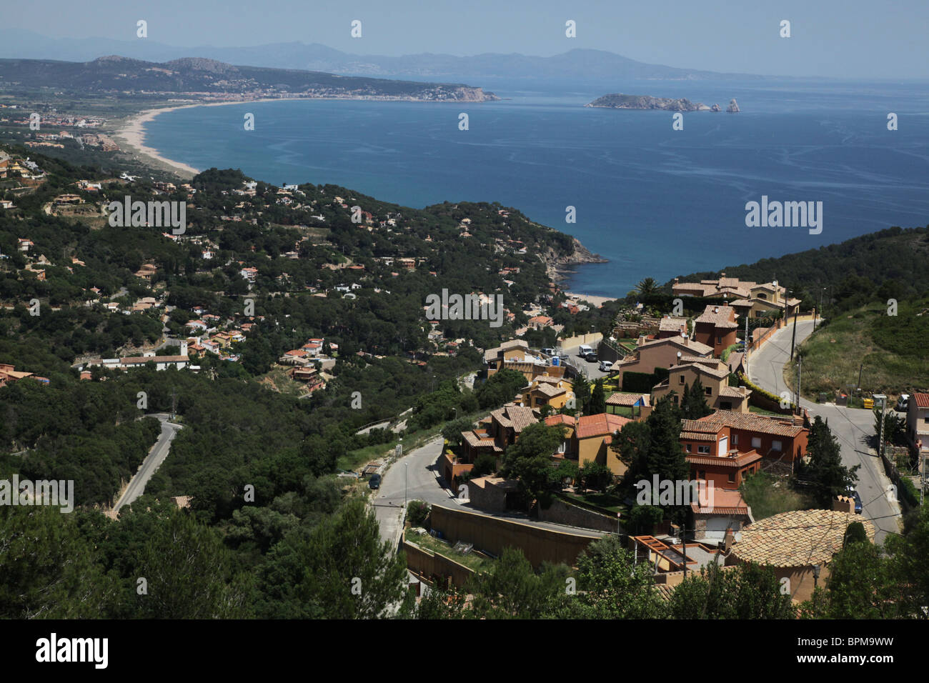 Aerial view from medieval Begur hill fortress of Barra and Creus Capes ...