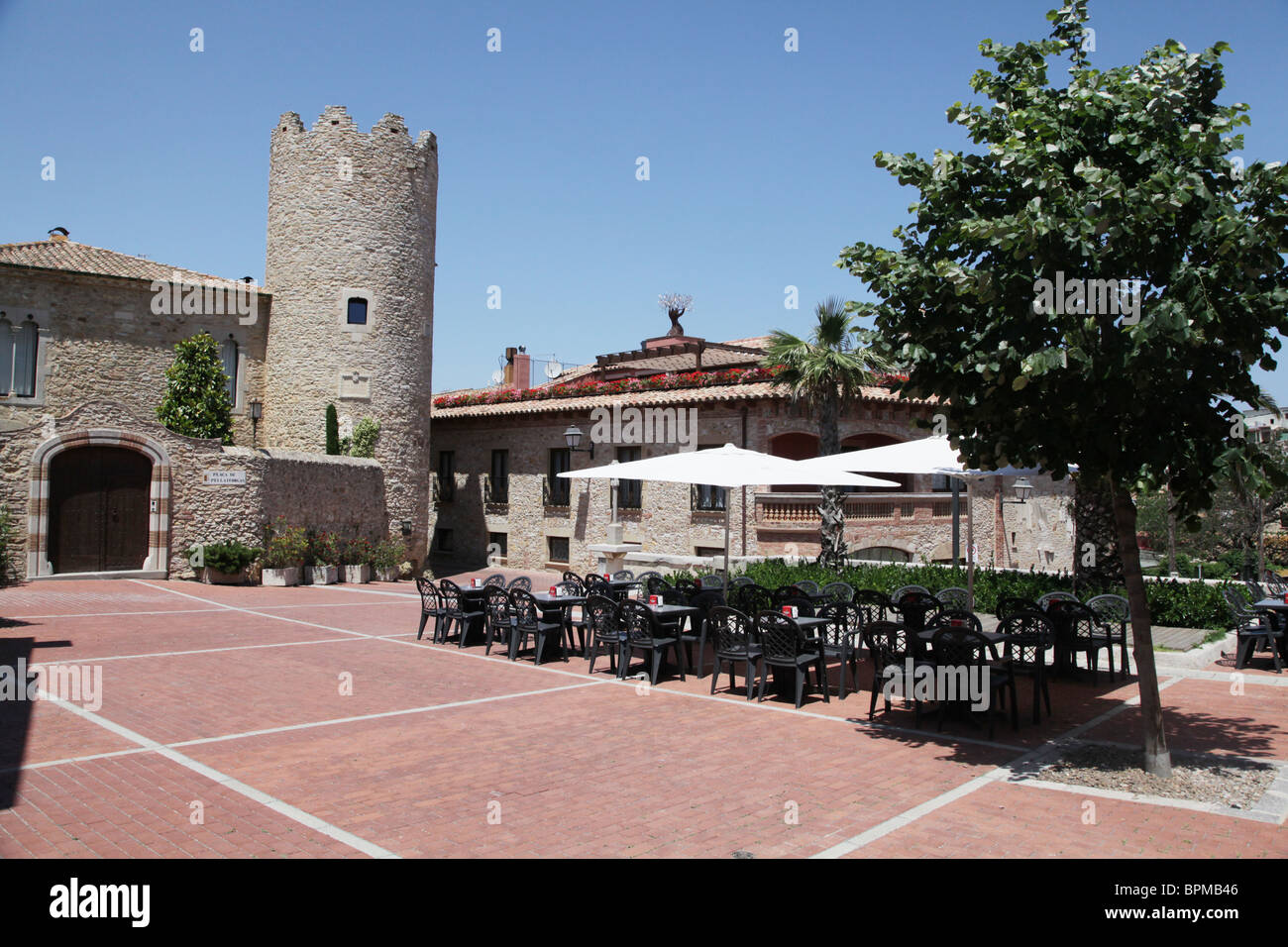 Stone turret tower in backstreets of hill fortress medieval town of ...