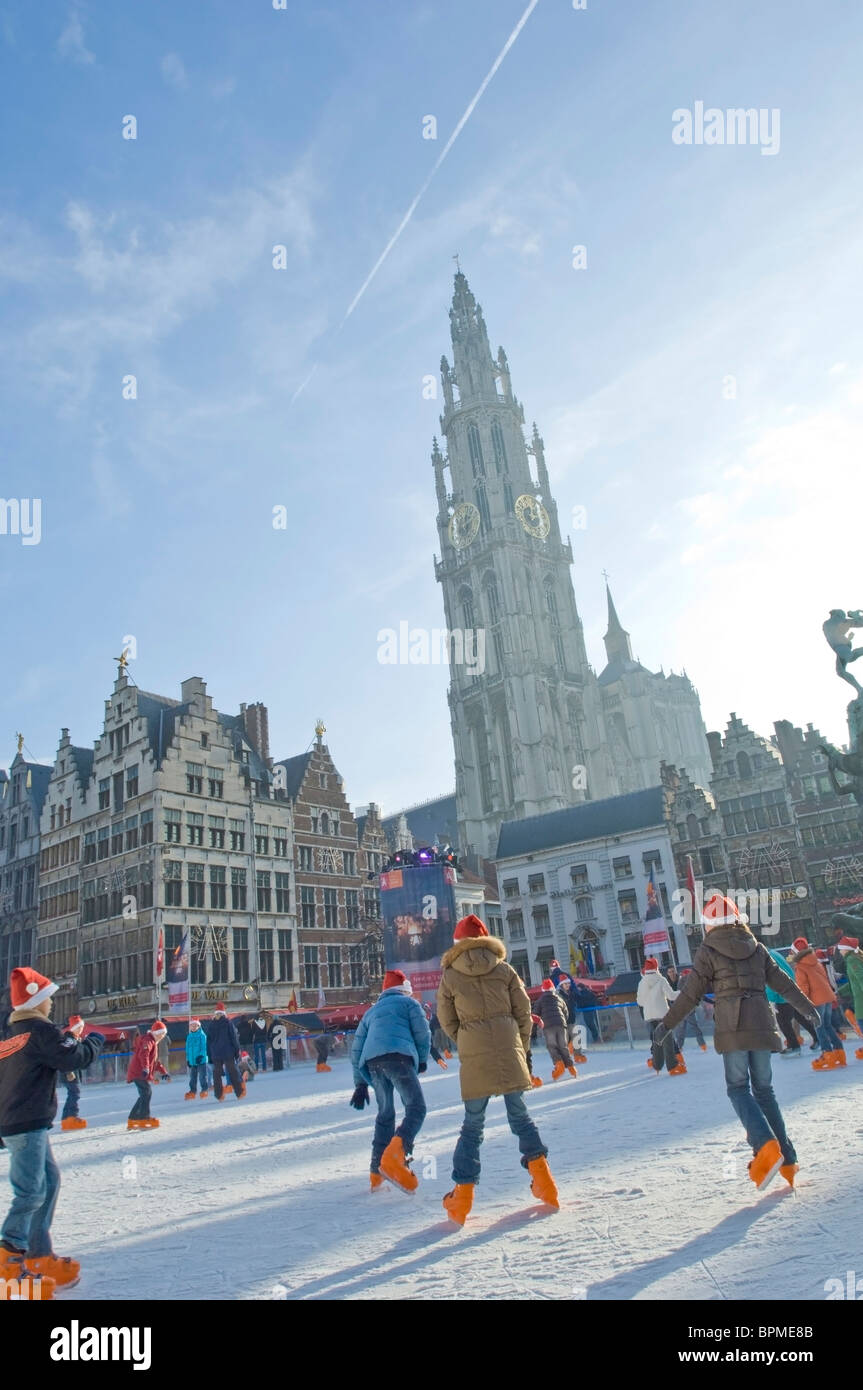 Skaters on the Grote Markt ice rink, Antwerp Stock Photo - Alamy
