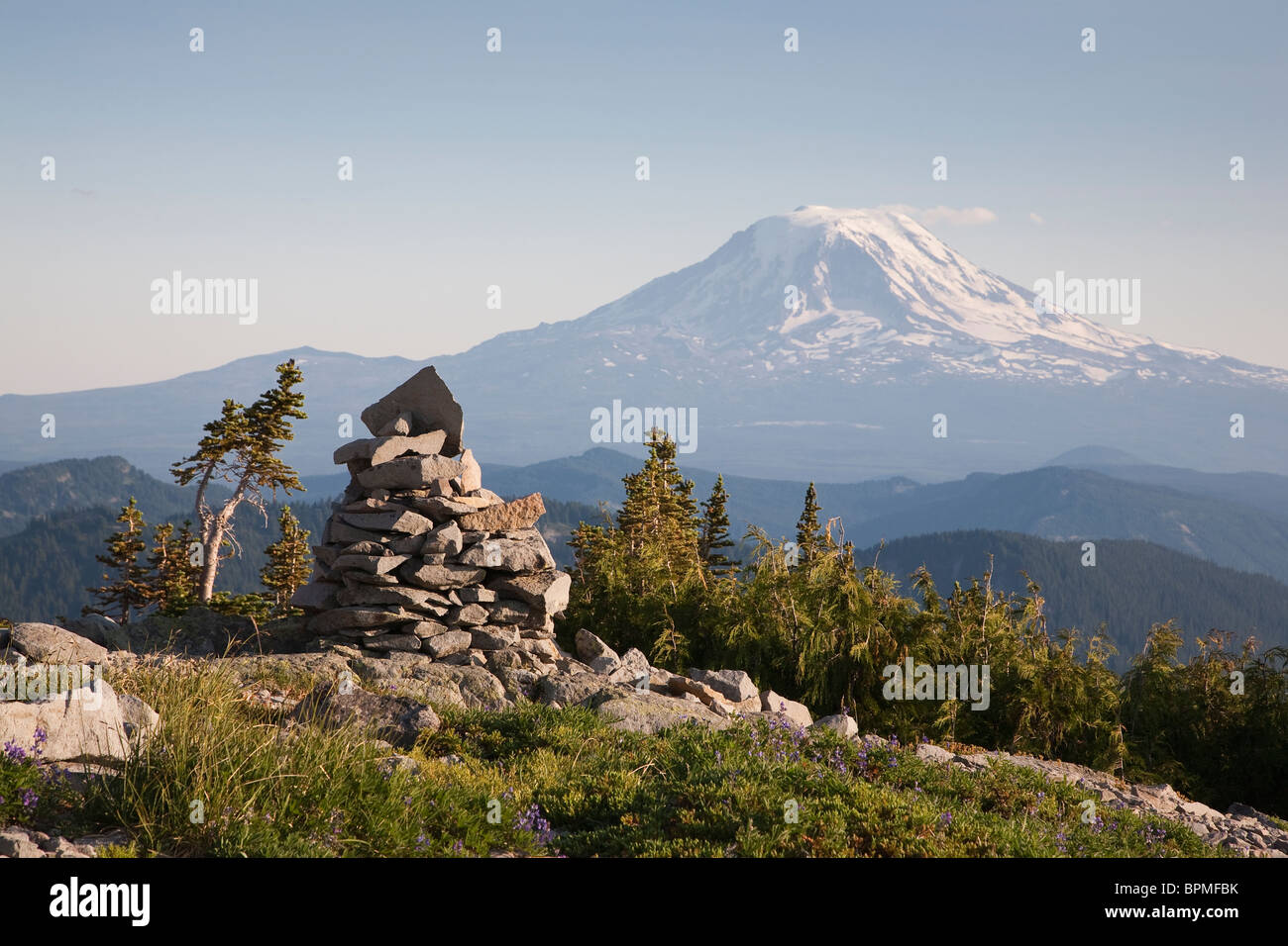 Cairn on the Pacific Crest Trail looking south towards Mount Adams in ...