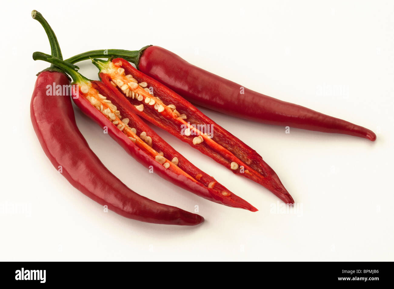 Red Pepper (Capsicum annuum), ripe pods, studio picture against a white ...