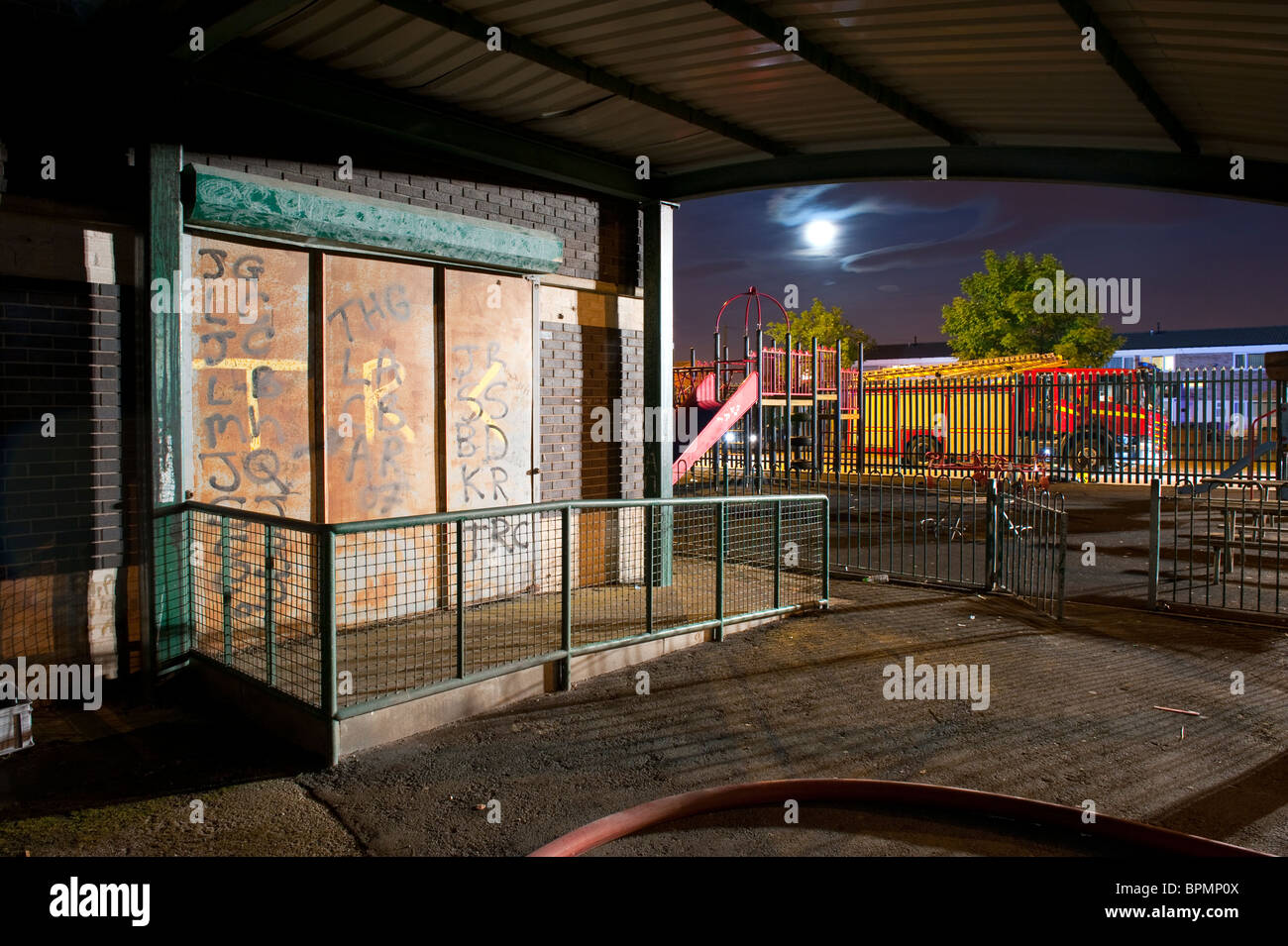 Fire engine and moon at night at school fire Stock Photo - Alamy