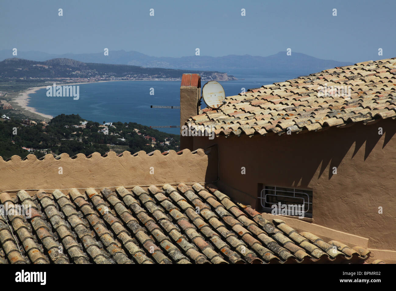 Aerial view from medieval Begur hill fortress of Barra and Creus Capes ...