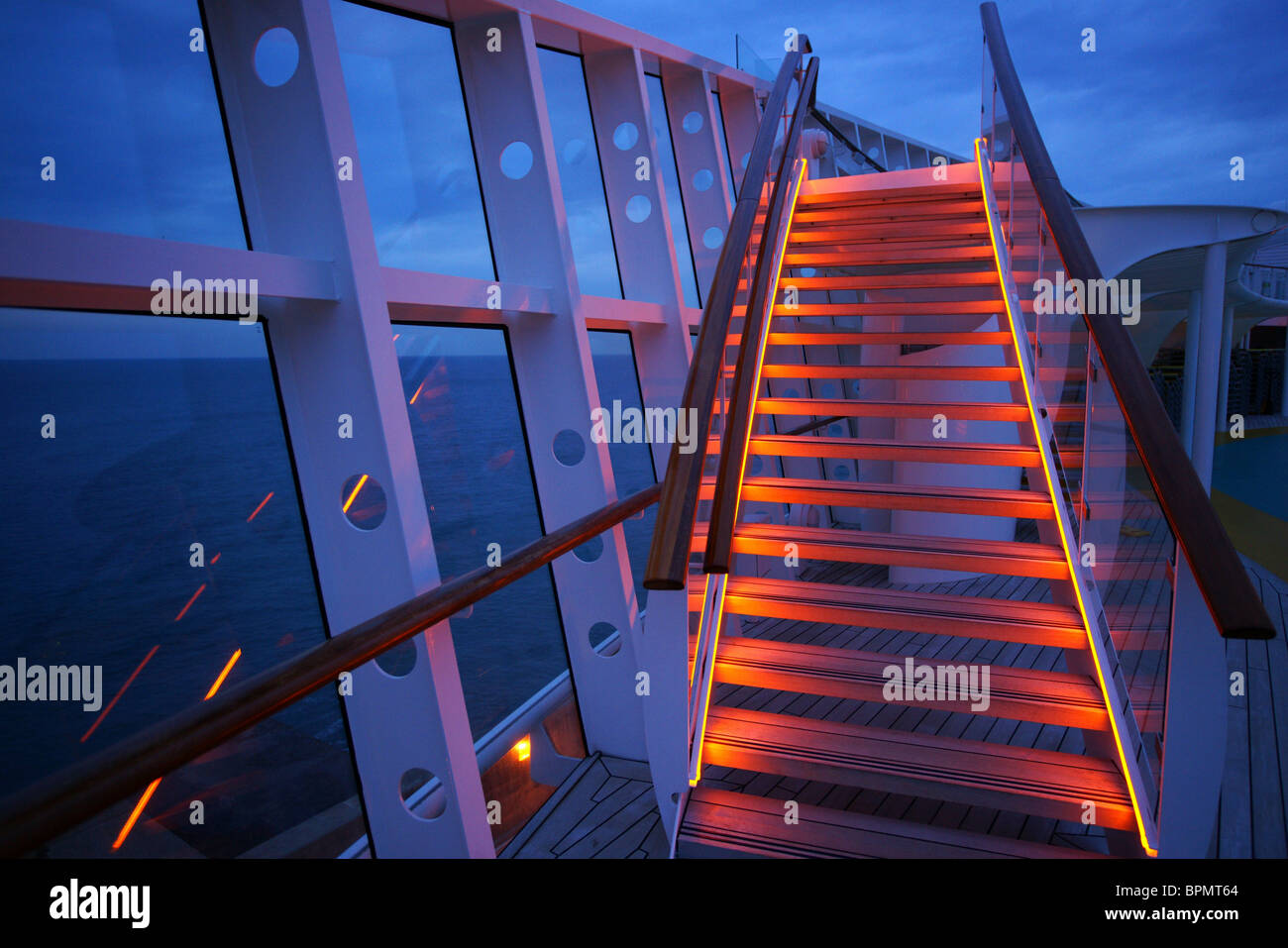 Illuminated stairs on cruise ship AIDA Bella, Mediterranean Sea Stock ...