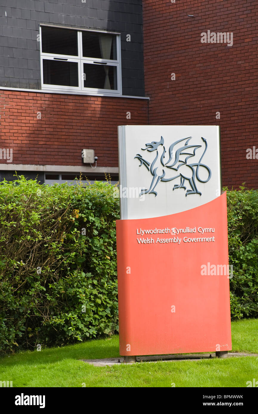 Bilingual Welsh English language sign with dragon outside Welsh ...