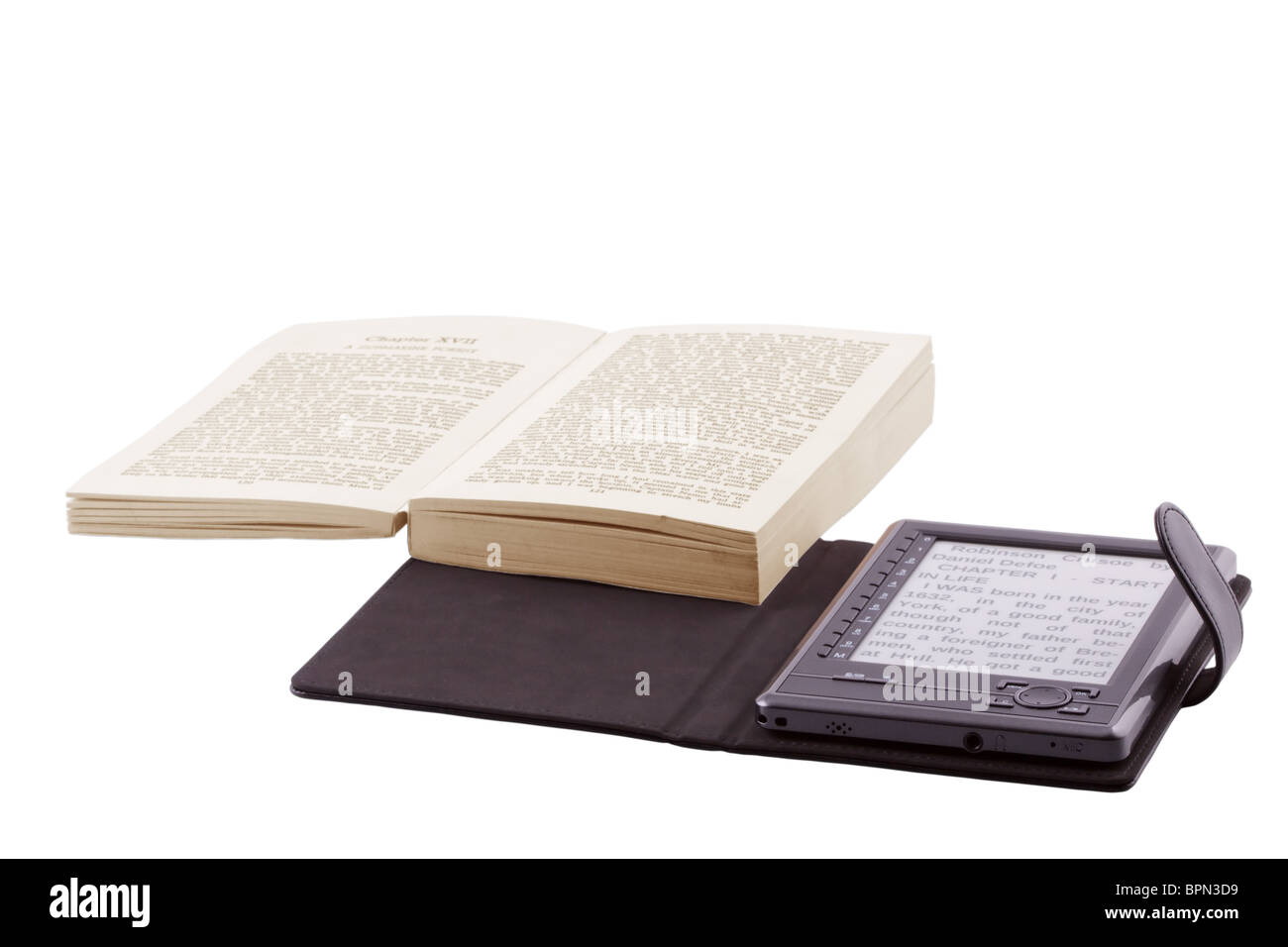 Old traditional and electronic books isolated on a white background ...