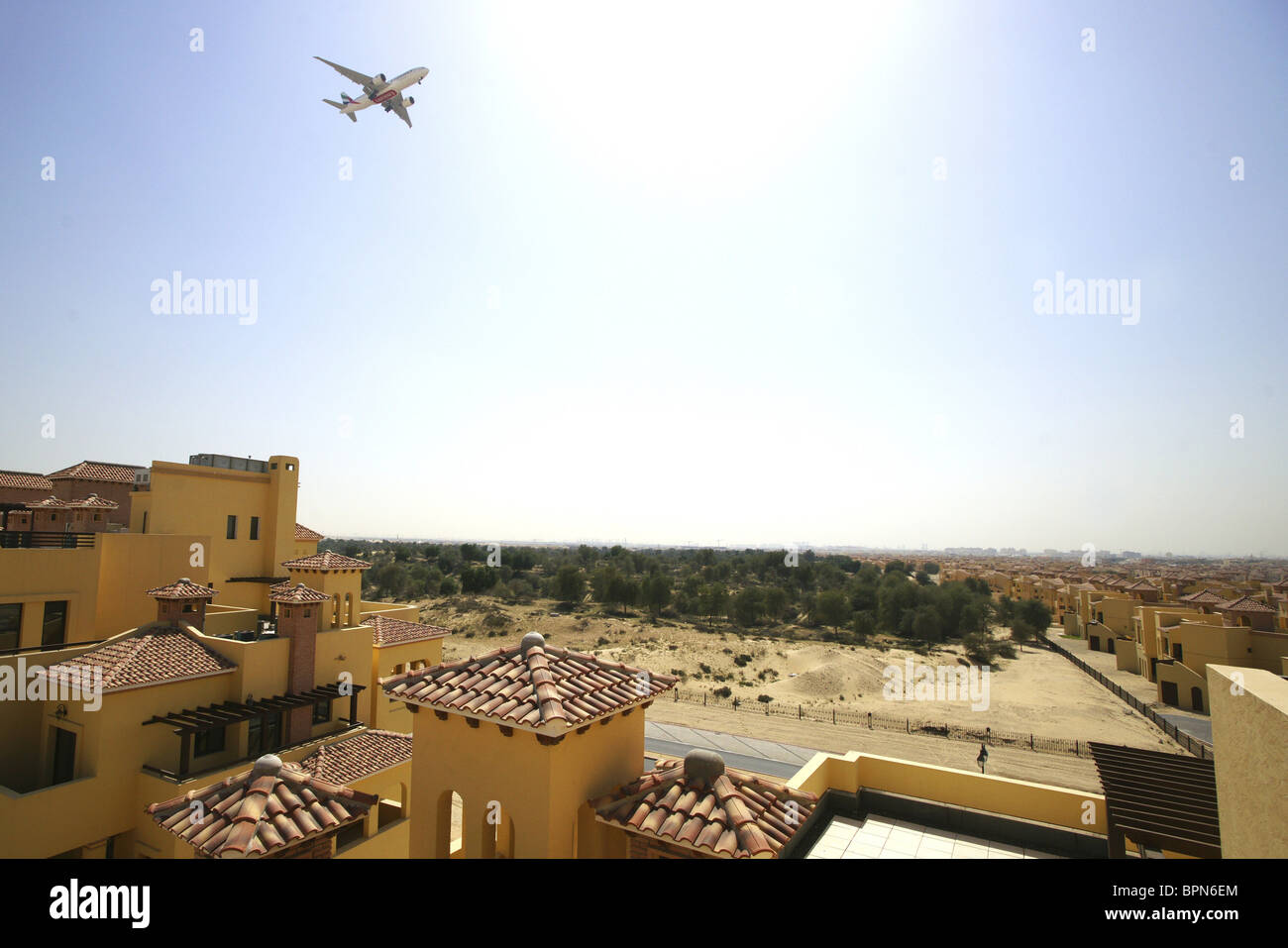 Approach Corridor, aircraft above houses of Dubai, UAE, United Arab ...