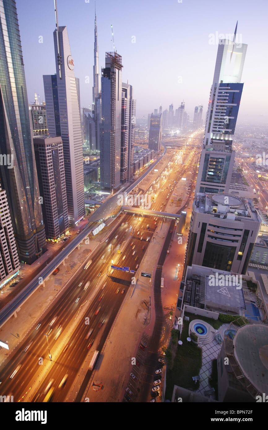 High rise buildings along Sheikh Zayed Road in the evening, Dubai, UAE ...