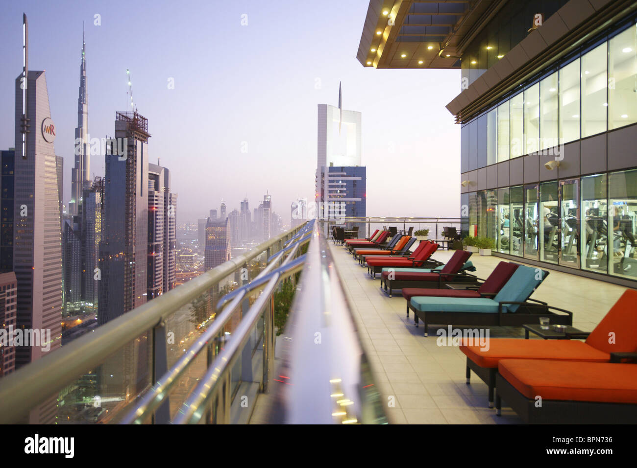 View from a terrace at high rise buildings along Sheikh Zayed Road ...