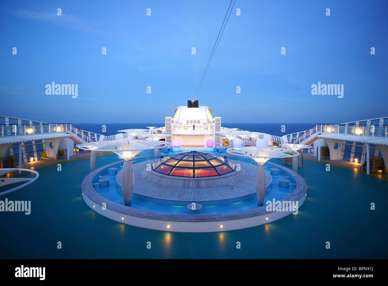 On the deck of AIDA Bella cruise ship in the evening, Mediterranean Sea ...