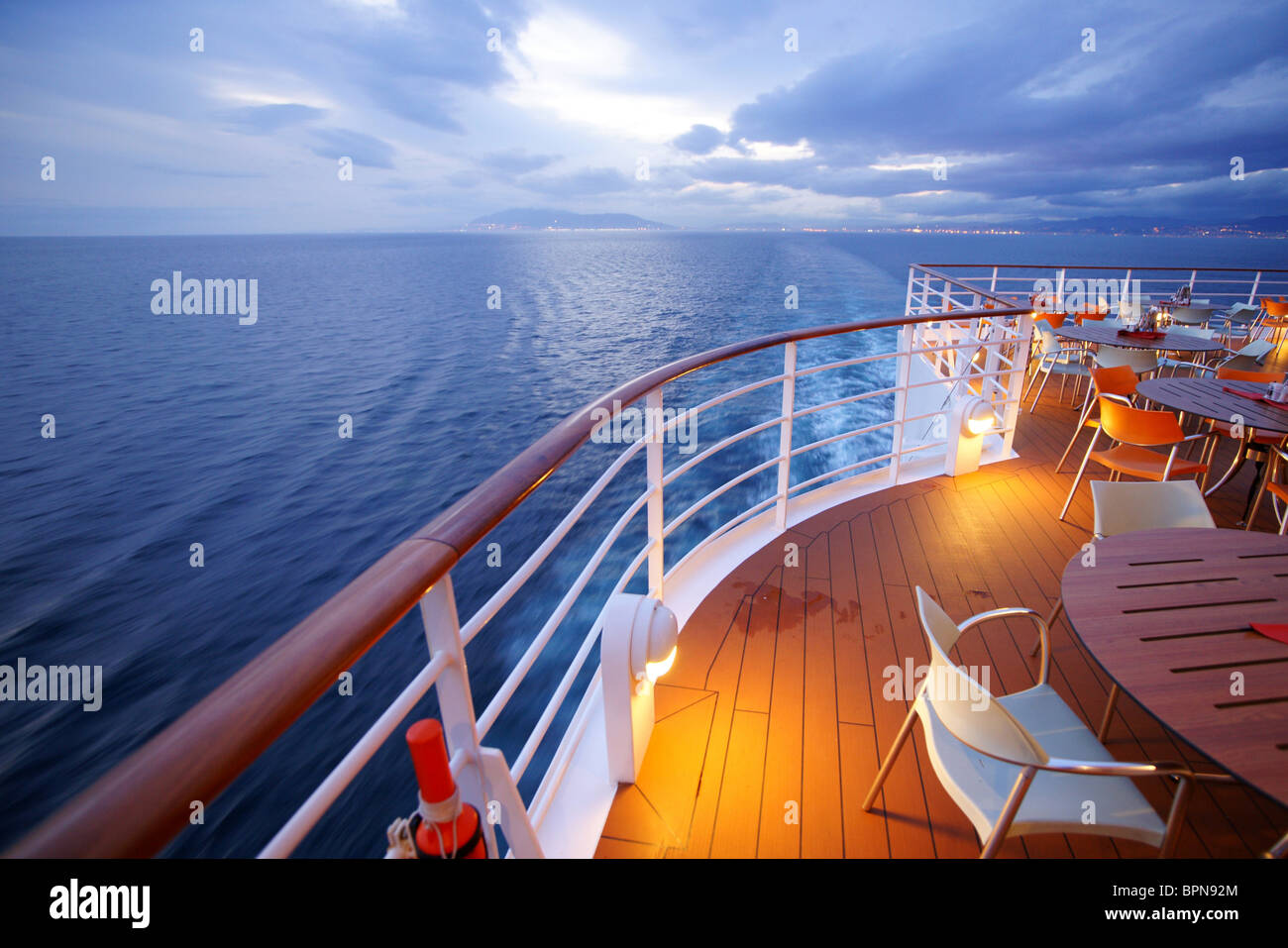 Stern and backwash of AIDA Bella cruiser in the evening, Mediterranean ...