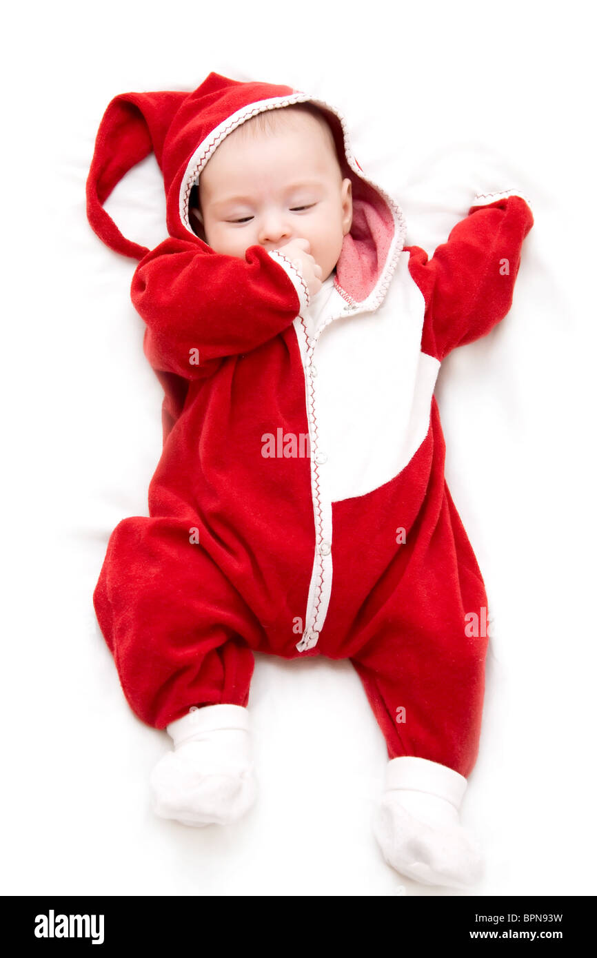 Baby girl dressed in a funny red costume isolated on white Stock Photo ...
