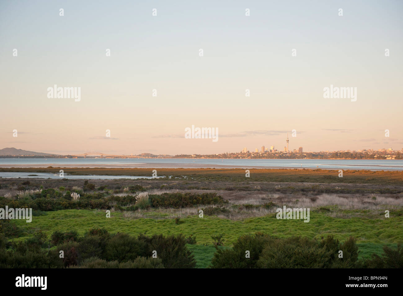 View of the downtown area of Auckland from the Te Atatu peninsula Stock ...