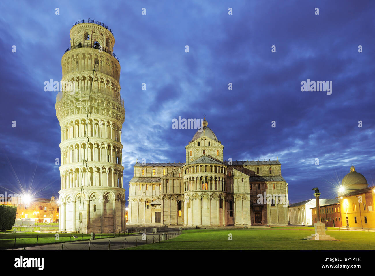 Illuminated Leaning tower of Pisa and cathedral, Pisa, UNESCO world ...