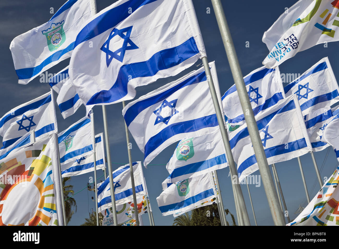 Israeli flags in the wind on Independence Day, Tel Aviv, Israel, Middle ...